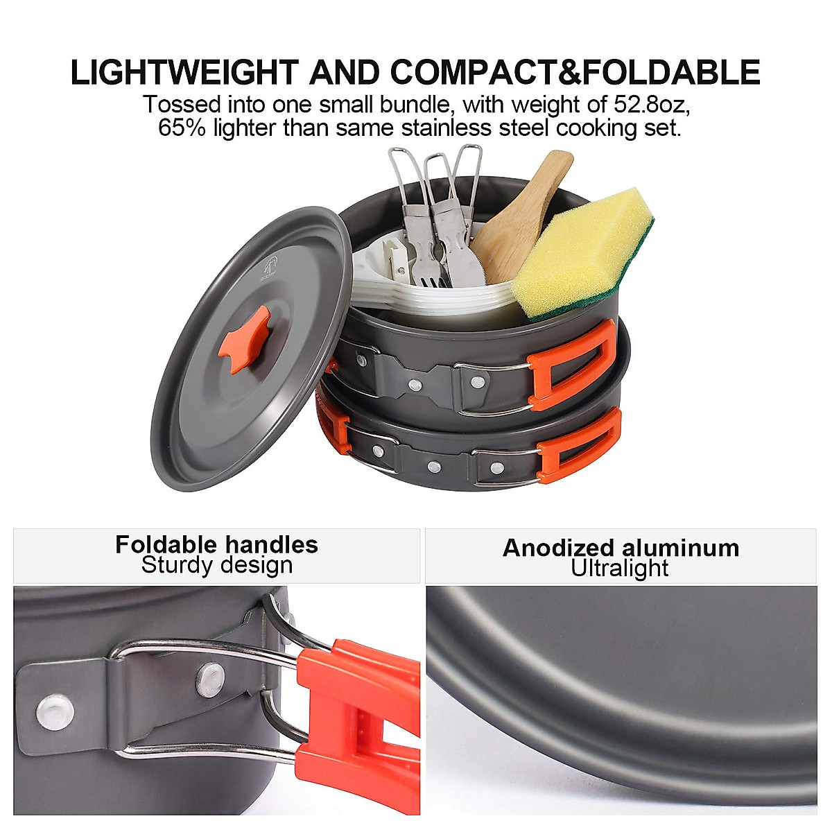 REDCAMP 22 PCS Camping Cookware Set for Family, Compact & Folding Backpacking Cookset for 4-5 Persons, Anodized Aluminum Lightweight Camping Pots and Pans Set