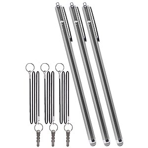 Fenix - Set of 3 Silver XXL Extra Long Stylus Pen [7.3"] Micro Knit Hybrid Fiber Tip Includes 15" Lanyard for iPhone 5,5c,6,6+, iPads, Samsung Galaxy S5,S6,Edge, Kindle Fire and Much More