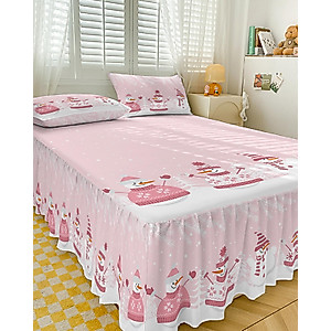 Pink Christmas Wrap Around Pleated Bed Skirts for Twin XL Bed 39x80, Decorative Dust Ruffle Bed Sheet & Bedskirt 18'' Drop Bedspread with Pillow Case 20x30 Snowman Snowflake Pine Tree Leaves
