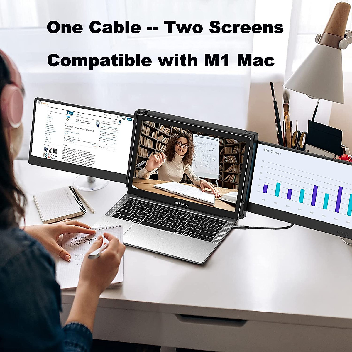 FICIHP 13.3" Laptop Screen Extender for M1 MacBook One Cable Plug&Play, Cooling System Triple Portable Monitor for Laptop with USB C HDMI, Monitor Attachment for Laptop Frame 13-16 inch Mac/Android