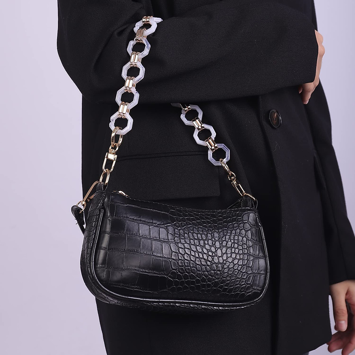 Chargances White Resin Purse Chain Strap Hexagon Link Bag chain Replacement Shoulder Cross Body Bag Handbag Chain with Mental Claps for Women (White)