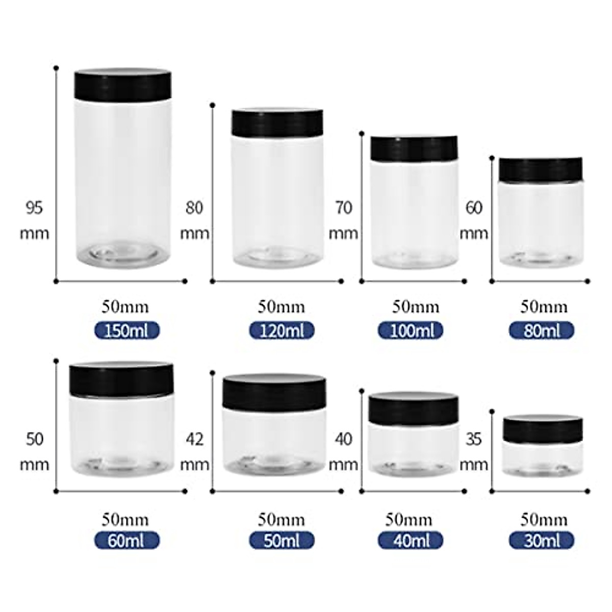 HERMJ 16 pcs Jar Cylinders Clear Cosmetics Ml Empty Face Pills for Mouth Jars Sample Eye Cream Storage Size Powder Bottles Transparent Tea Shadow Container Makeup Home Bottle Black