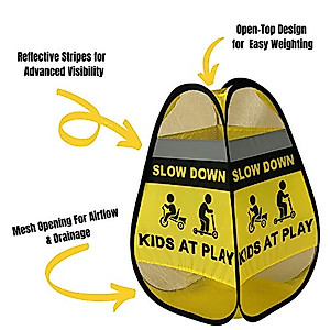 Slow Down Kids at Play Signs for Street | 2 Pack slow down signs for neighborhoods | Easily Weighted, 4-Sided Polyester Caution Playing Signs | Children At Play Safety Signs For Street | Street Signs