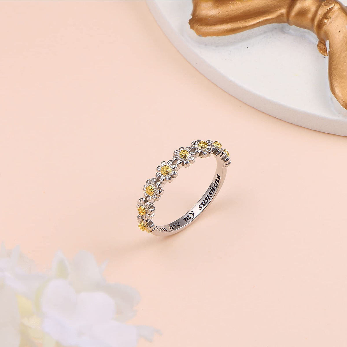 Ladytree Sterling Silver You Are My Sunshine Daisy Ring for Women Mom Daughter Mothers Day Flower Jewelry Size 7