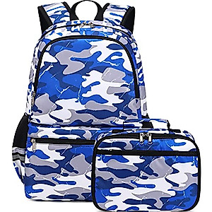 DSIUE Backpacks for Boys School Bags for Kids Elementary Bookbag and Lunch Box Set Camo Blue