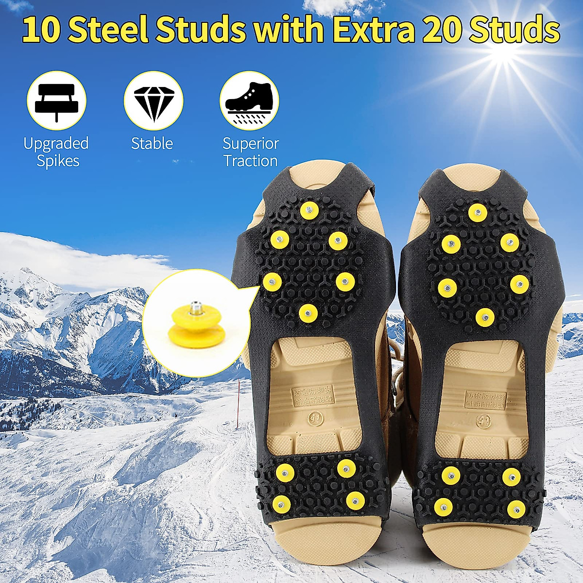 Xproutdoor Ice Cleats Snow Grips, Non-Slip Traction Crampons 10 Steel Studs with Extra 20 Replacement Studs, for Shoes/Boots, Snow Ice Walking, Small