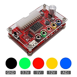 HLT New Version ATX Power Supply Breakout Board and Acrylic Case Kit with ADJ Adjustable Voltage Knob, Supports 3.3V, 5V, 12V and 1.8V-10.8V (ADJ) Output Voltage, 3A Maximum Output, Reset Protection.