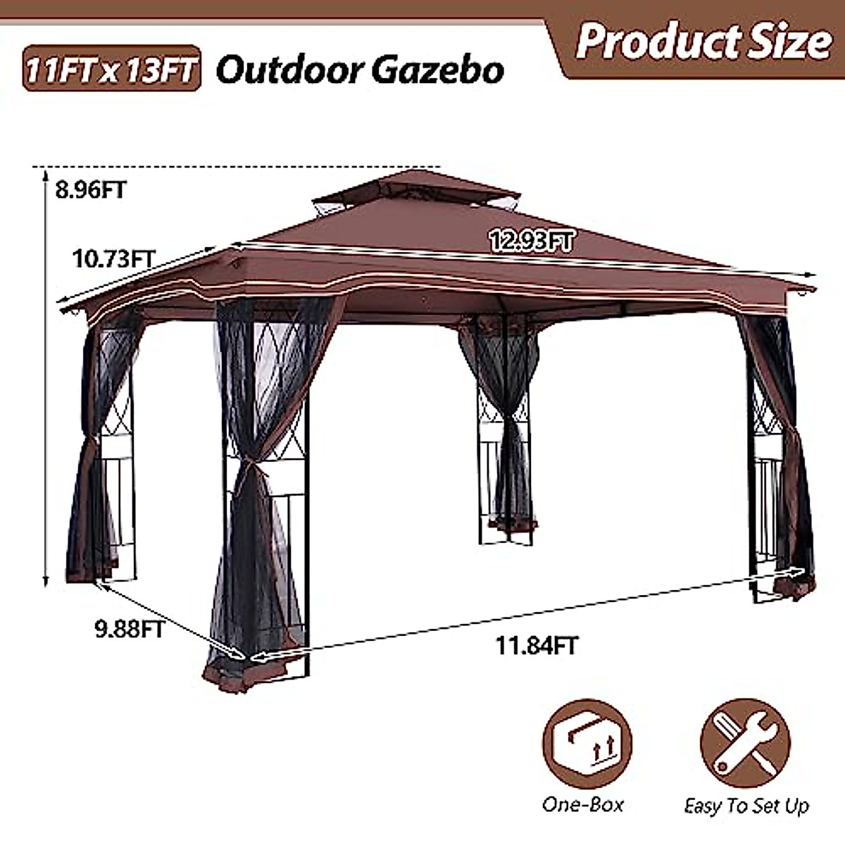 GARTOO 11'x13' Outdoor Patio Gazebo - Porch Gazebo with Polyester Roof & Breathable Netting, Best for Garden, Lawn, Backyard Deck (Chocolate)