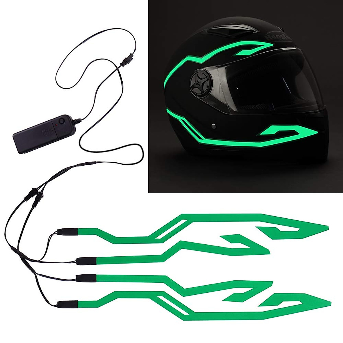 JIGUOOR 4PCS Motorcycle Helmet Light, Night Riding Signal EL Light, 3 Mode Led Helmet Light Strip Decoration Accessories Kit (Green, Battery Powered)