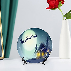 XISUNYA 8 Inch Decorative Plate, Christmas Santa Ceramic Plate, Claus and Reindeer Flying Over Christmas House Print Ceramic Wall Hanging for Home Office Party Dinner Table Decor, Multy