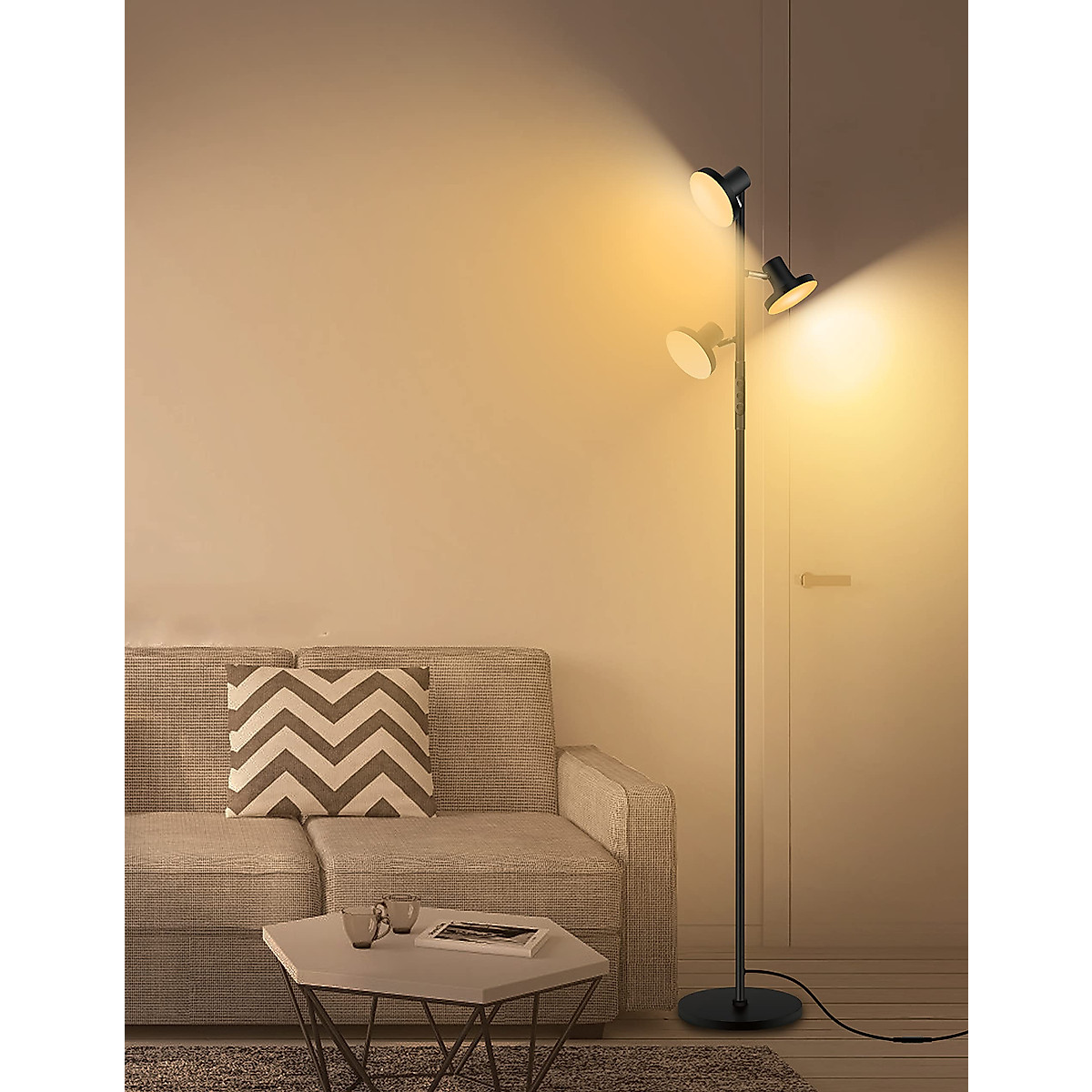 MOFFE Modern Tree Floor Lamp,3 Lights Adjustable Rotate and Stepless Dimming,Stand Up Tall Pole Lamps with Remote and 2 Batteries for Living Room Bedroom Office Reading - Industrial Style Black