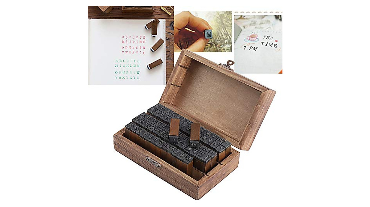 Letter Rubber Stamps Set with Vintage Wooden Box for Crafts & Learning