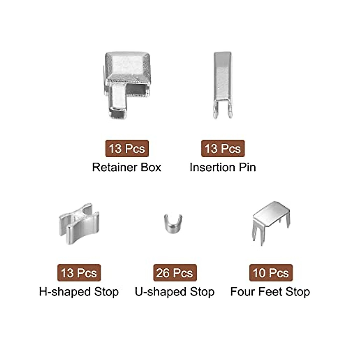 uxcell Zipper Repair Kits, 10 Metal Latch Slider Retainers Box & Insertion Pins & Top Bottom Stoppers for Bag Coat Zippers Replacing (75Pcs, Silver)