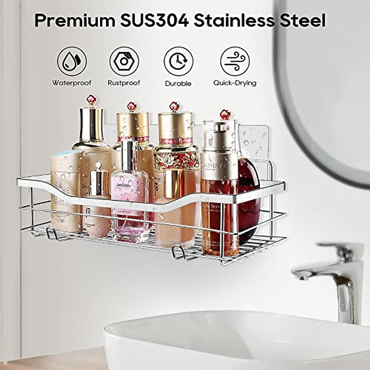 Shower Caddy Basket Rack with Hooks, Bathroom Shower Organizer Shelf, Adhesive Wall Mounted Rustproof Storage for Bathroom, Toilet, Kitchen, Dorm, No Drilling, 304 Stainless Steel, 2 Pack (Silver)