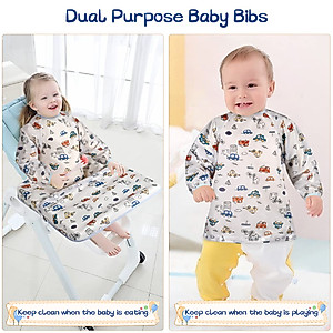 Vicloon Coverall Baby Feeding Bib, 2 In 1Weaning Bibs Attaches to Highchair and TableWeaning, Long Sleeve Bib with Waterproof, Baby Bibs for Feeding, Adjustable,Machine Washable(Car Pattern)