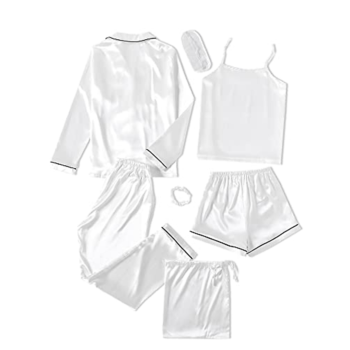 LYANER Women's Pajamas Set 7pcs Silk Satin Sleepwear Loungewear Cami Shirt Pj Set White Small