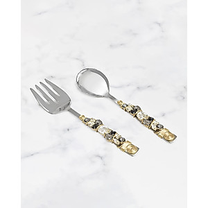YoTreasure Tiramisu Crystal Radiance Stainless Steel Black & White Salad Server Spoon and Fork Set for Modern Kitchen
