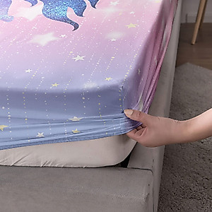 Datura home Bedding Fitted Sheet and Flat Sheet Set 4Pcs Starry Sky Unicorn Printed Bedding Set with 1 Flat Sheet and 1 Fitted Sheet + 2 Pillowcases for Girls (Starry Sky Unicorn Full),Full 81x97 in