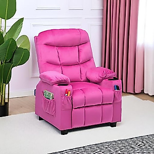 COSTWAY Larger Kids Recliner Chair, Adjustable Lounge Recliner w/ 2 Cup Holders, 1 Side Pocket, 2 Front Pockets, Footrest, Velvet Fabric Recliner for Boys & Girls, Ideal for Bedroom (Pink)