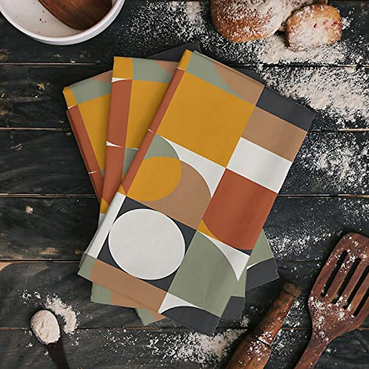 Decorfine Premium Kitchen Towels 18x28 Inch - Absorbent Dish Towels Art Retro Middle Age Geometric Abstract Plaid Grey Orange Hand Dish Cloths for Drying and Cleaning, 1 PCS