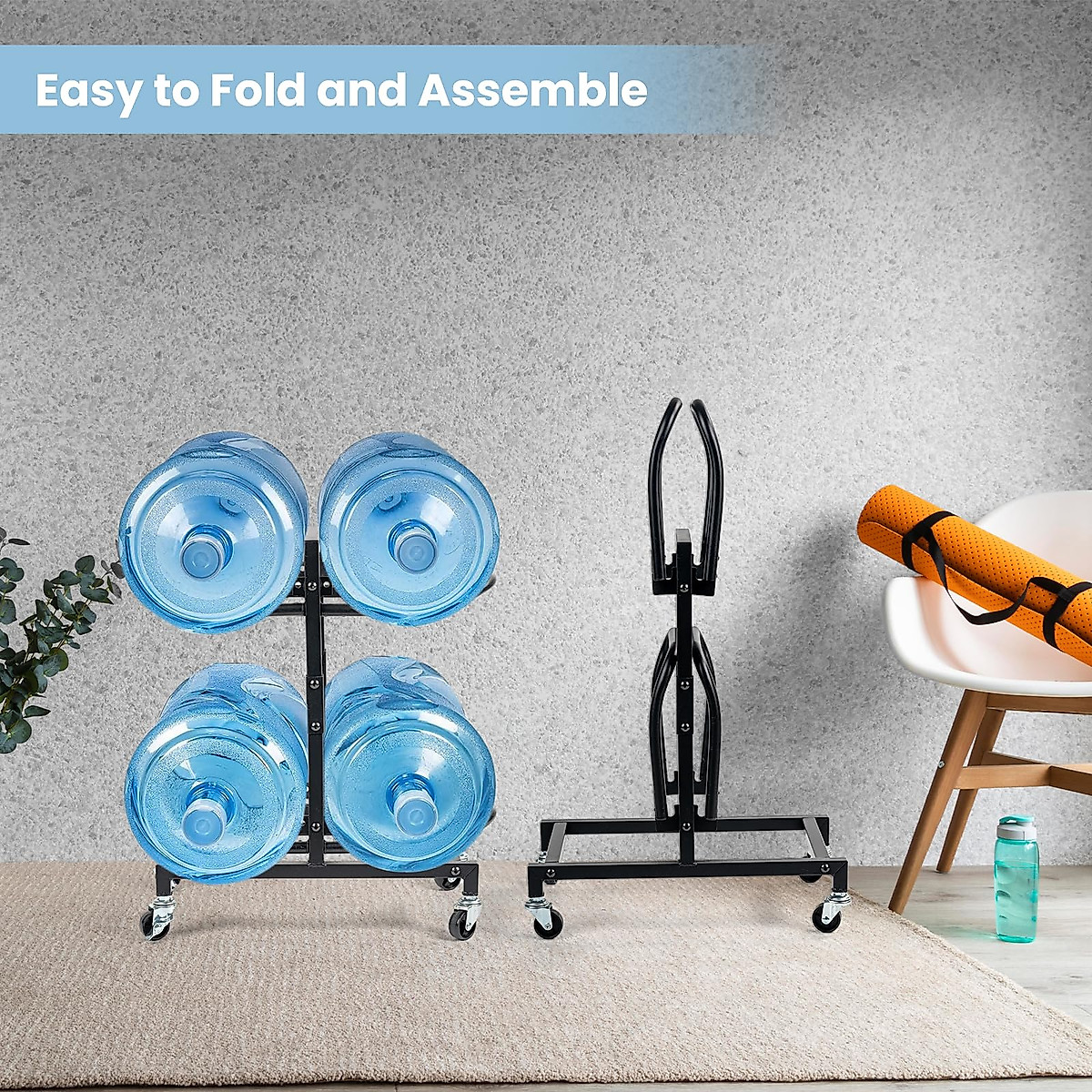 ZOMICE 5 Gallon Water Jug Holder with Wheels,5 Gal Water Jug Storage Rack for 4 Bottles,2-Tier Foldable Water Cooler Jug Stand for 5 Gallon Water Bottle Dispenser