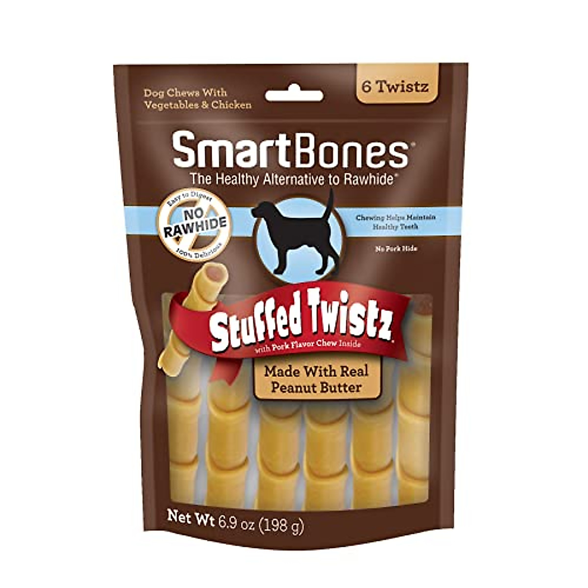 SmartBones Stuffed Twistz with Peanut Butter, Rawhide-Free Chews for Dogs Stuffed with Pork Flavor, 6 Twistz