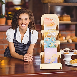 DoubleFill 4 Tier 4 Shelves Greeting Card Display Stand Sticker Display Stand Wood Portable Card Display Rack Multipurpose Greeting Card Holder Wooden Sticker Display Stand for Cards Stickers Photos