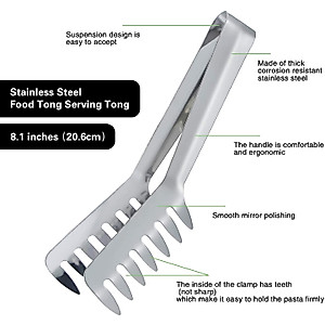 HornTide Stainless Steel Pasta Tongs Pack of 2 Piece Teethed Ends Design for Spaghetti Noodle Pastry Kitchen Serving Tong Set 8-inch 20cm