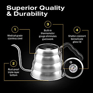 Bean Envy Pour Over Coffee Kettle - 40 oz, Stainless Steel, Gooseneck Coffee and Tea Kettle with Thermometer and Ergonomic Handle