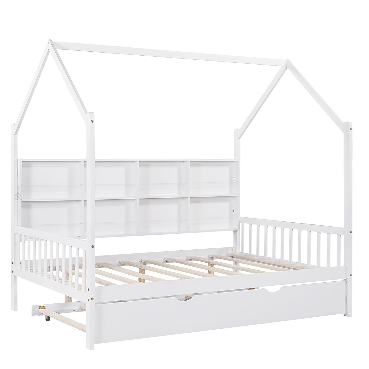 Full House Bed with Trundle, Kids Full Platform Bed Frame with Storage Shelves and Roof, Montessori Bed, Tent Bed, Wood Playhouse Bed Full for Kids Teens Girls & Boys (Full, White)