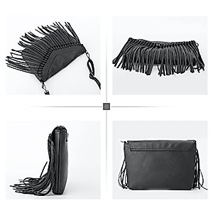 Oweisong Fringe Purse for Women PU Leather Vintage Black Tassel Handbags Hobo Cross Body Bag Messenger Shoulder Satchel