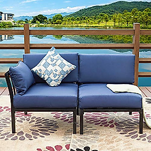 LOKATSE HOME 2 Piece Corner & Armless Sofa Outdoor Furniture Sectional Couch Set Patio Loveseat, 2Pcs, Blue Cushions