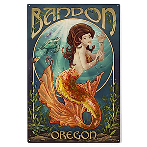 Lantern Press 10x15 Inch Wood Sign, Ready to Hang Wall Decor, Bandon, Oregon, Mermaid
