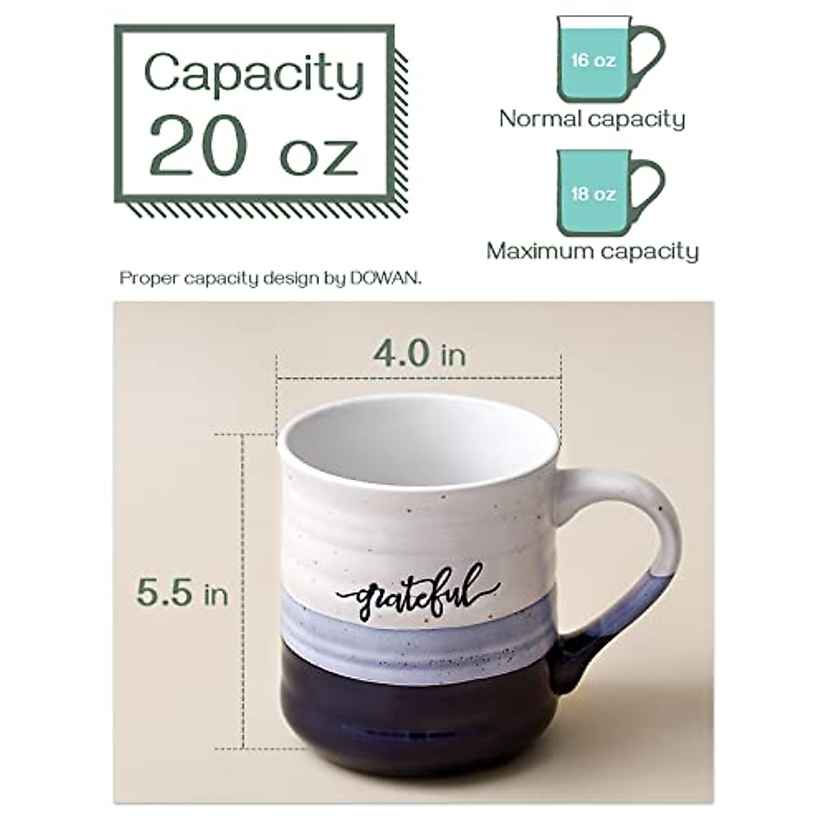 DOWAN Coffee Mugs, Large 20 oz Mugs Set of 2 with Word Blessed Grateful, Porcelain Christian Coffee Cup, Thank You Gifts for Men Women All, Blue White
