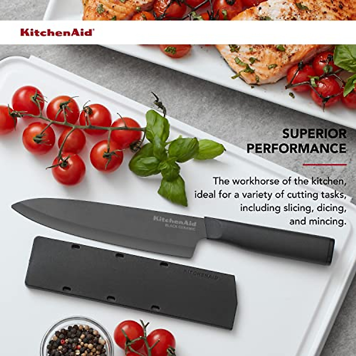 KitchenAid Classic Ceramic Chef Knife with Custom-Fit Blade Cover, Sharp Kitchen Knife, Dishwasher-Safe, 6-Inch, Black