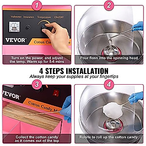 VEVOR Electric Cotton Candy Machine Cart with Bubble Cover Shield, 1000W Commercial Floss Maker with Stainless Steel Bowl, Sugar Scoop and Drawer, Perfect for Home, Kids Birthday, Family Party, Pink