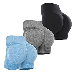 sicoozoe Women's 3 Piece Butt Lifting Shorts High Waist Tummy Control Yoga Shorts Seamless Ruched Booty Workout Shorts