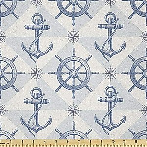 Lunarable Nautical Fabric by The Yard, Hand Drawn Compass Anchor with Ship Steering Wheel Nautical Marine, Microfiber Fabric for Arts and Crafts Textiles & Decor, 1 Yard, Grey Blue