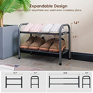 2-Tier Expandable Shoe Rack,Adjustable Shoe Shelf Storage Organizer Heavy Duty Metal Free Standing Shoe Rack for Entryway Closet Doorway (Gray)