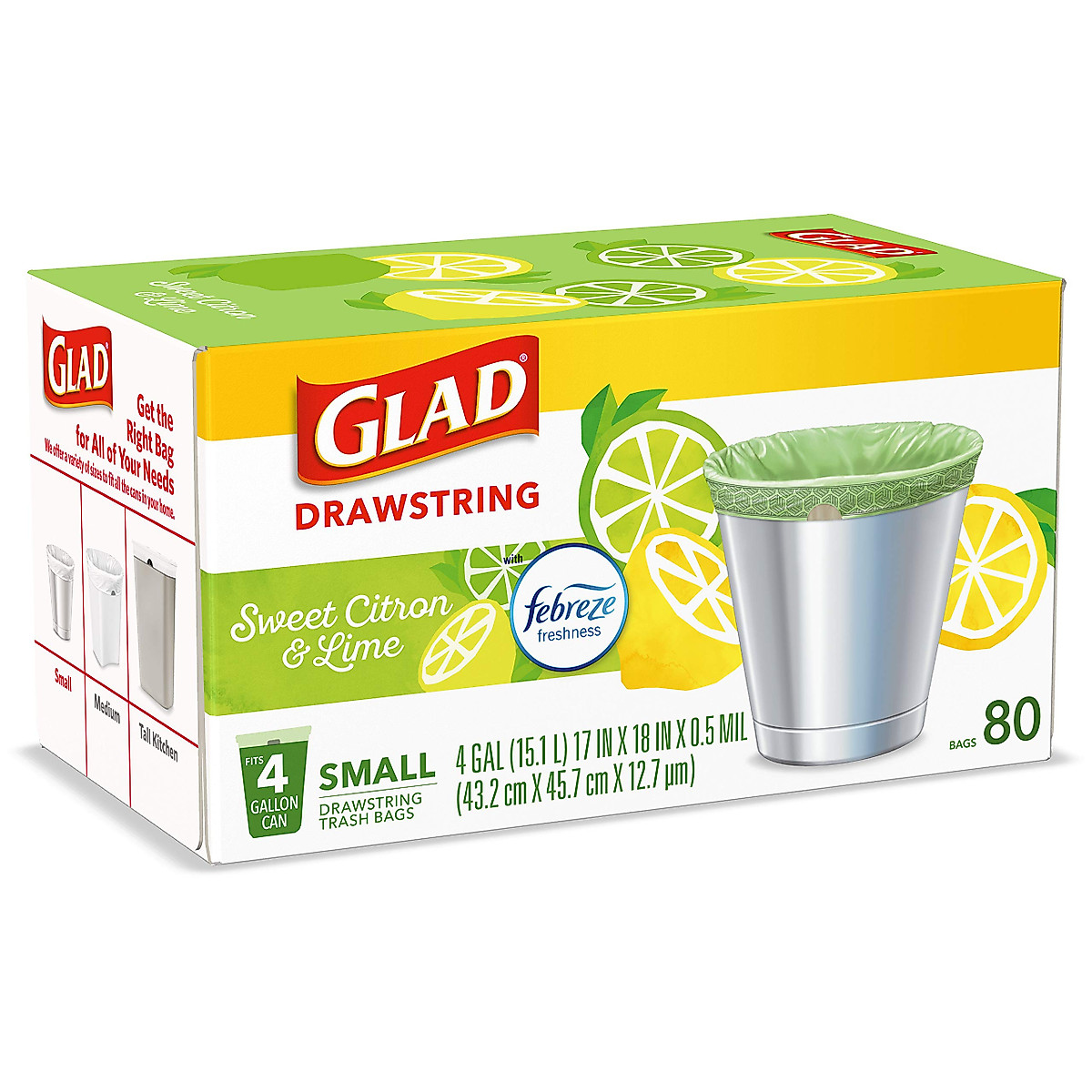 Glad Small Kitchen Drawstring Trash Bags – 4 Gallon Green Trash Bag Febreze , Sweet Citron & Lime, 80 Count (Package May Vary)