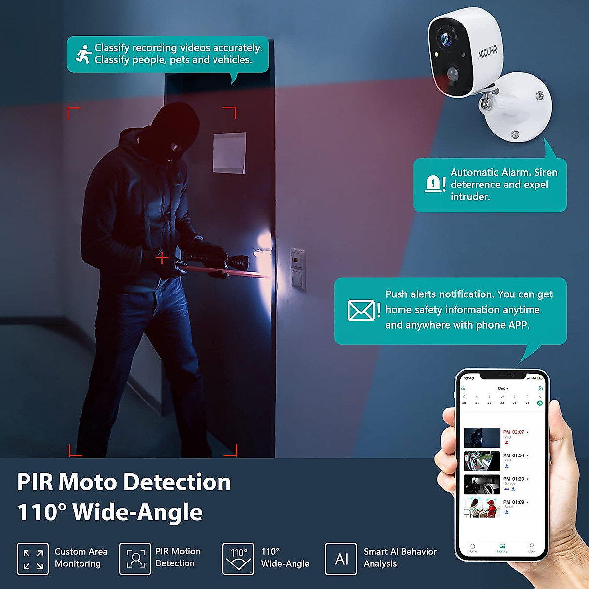 ACCUHR Outdoor Wireless Security Camera System,1080P WiFi Home Surveillance Camera 2-Way Audio, Full Color Night Vision, PIR Motion Detection, Siren Alarm