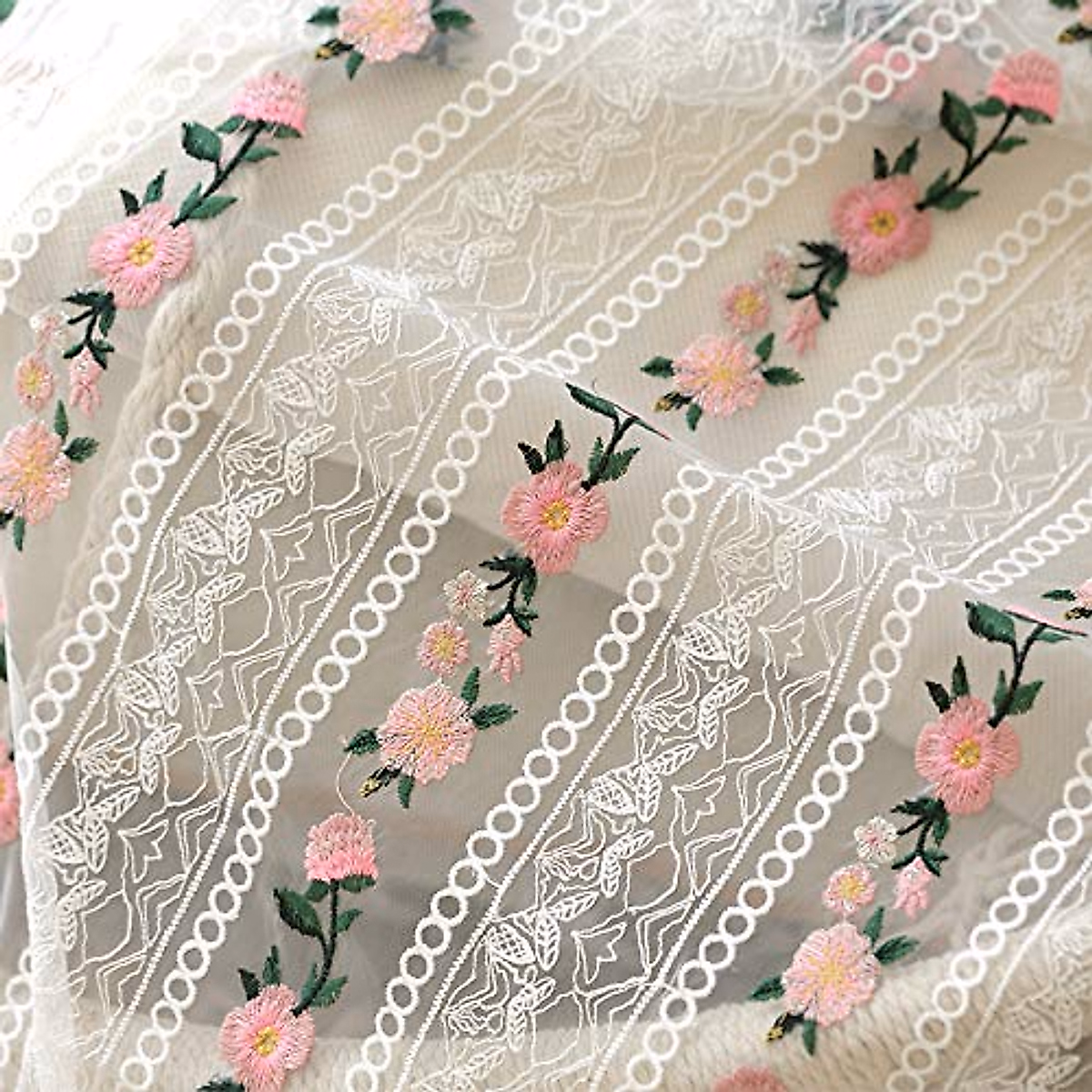 130cm Width Colorful Floral Embroidery Strip Pattern Haute Couture Lace Fabric by The Yard (White)
