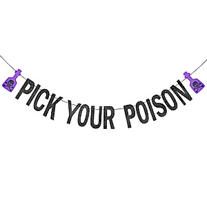 Black Glitter Pick Your Poison Banner - Halloween Hanging Paper Garland Bunting Banner with Purple Potion Bottle Decorations, Photo Backdrop for Wall Home Mantel Office Wall Scary Party Supplies