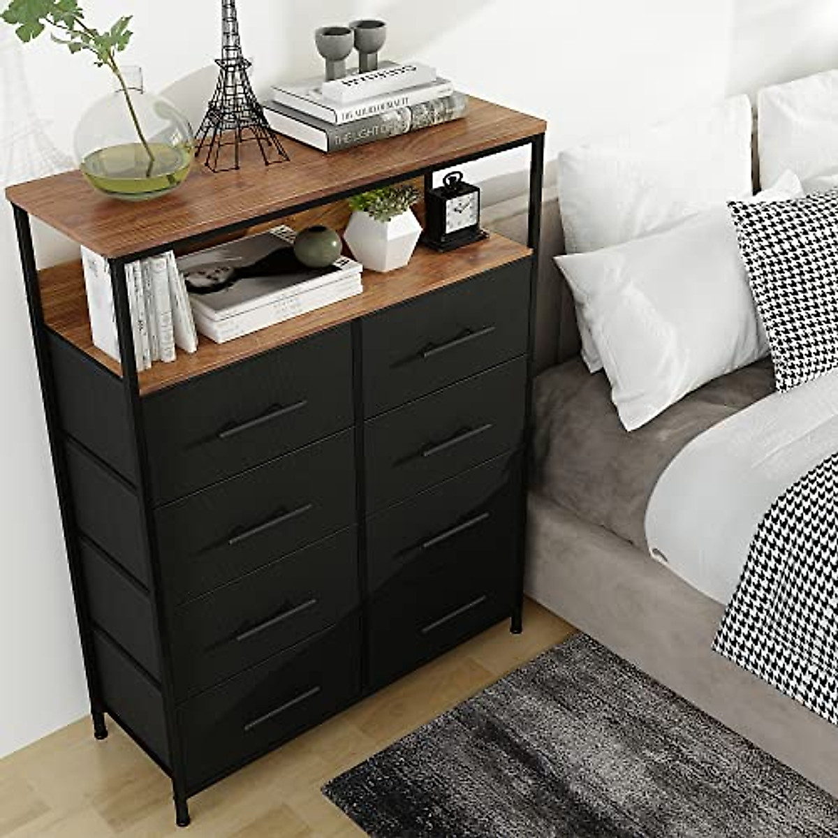 WARM&LOVE 8 Drawer Dresser with Shelves, Chest of Drawers for Bedroom with Wood Top, Black Dresser Storage Organizer Unit with Fabric Bins for Closet/Living Room/Hallway/Nursery
