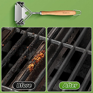 SUBEKYU Grill Brush for Outdoor Grill, 15.3'' BBQ Grill Scraper Cleaning Brush for Outdoor Grill, Safe Stainless Steel Grill Cleaner Scrubber with Scraper, Beech Wood Handle, 1Pack