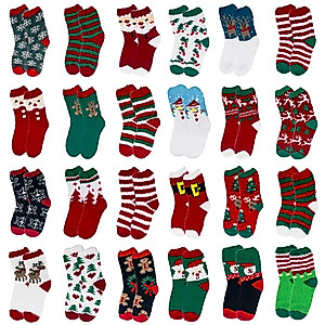 MarJunSep 24 Pairs Christmas Fuzzy Cozy Socks for Women Teen Girls Plush Fluffy Slipper Holiday Sleeping Santa Socks Gifts