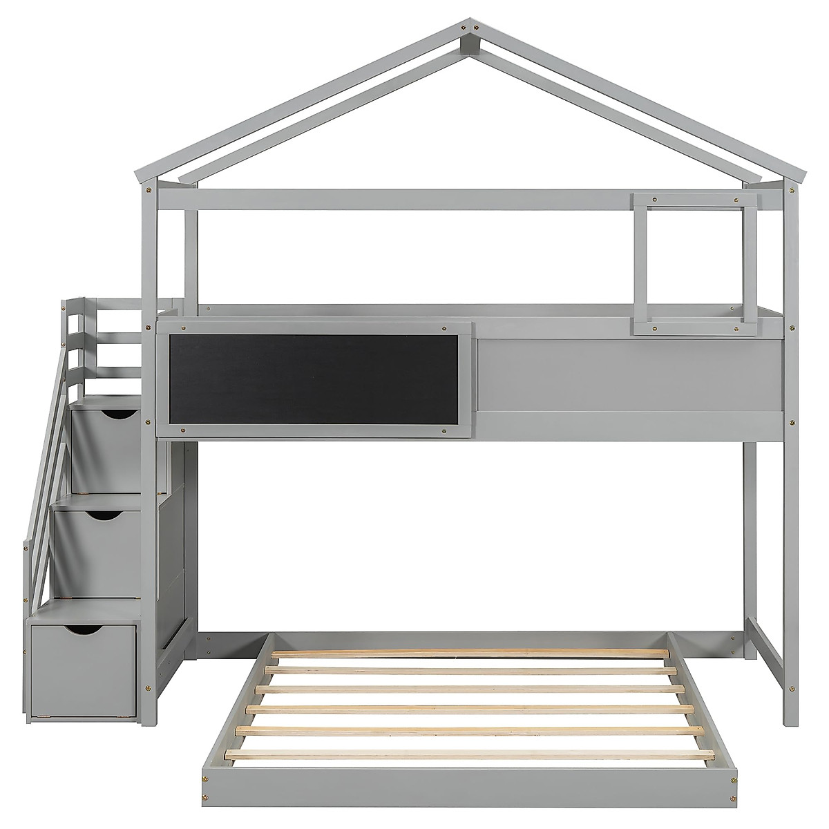 MERITLINE Bunk Bed Twin Over Full with Storage Staircase and Blackboard,Wooden House Bunk Beds Frame for Kids, Boys,Girls, No Box Spring Needed(Gray)