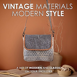 SIXTEASE Crossbody Bag for Women Vintage Style Genuine Leather, Upcycled Canvas, Rug, or Hair On - Cross Body Womens Bags with Inside Zipper Pockets - Triangular Fusion