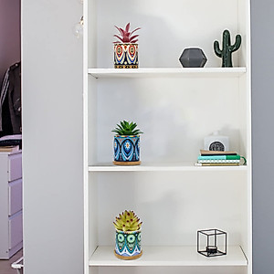 Hamore 5" Artificial Succulents in Bohemian Ceramic Pots, Set of 3 Ceramic pots & Bamboo Trays with Succulents Plants Artificial, Fake Plants for Desk Office Bathroom Bedroom Living Room