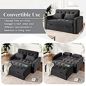 YUNLife&Home 65.7" Convertible Pull Out Sleeper Sofa Bed,Adjustable Loveseat Armchair Single Couch Chair with USB Port 2 Pillows for Living Room Apartment Small Space Furniture Set, Black